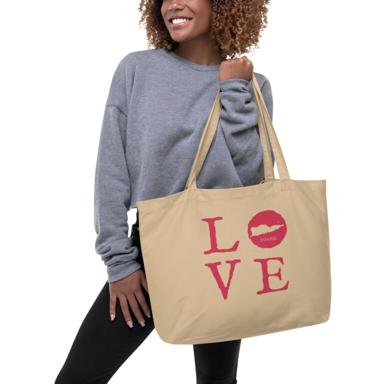 St Croix LOVE Raspberry on Natural Large organic tote bag | St Croix ...